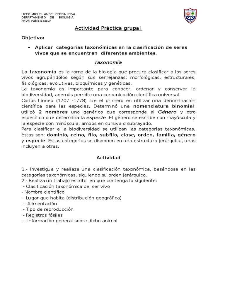 Actividad Taxonomia | PDF | Taxonomía (biología) | Especies