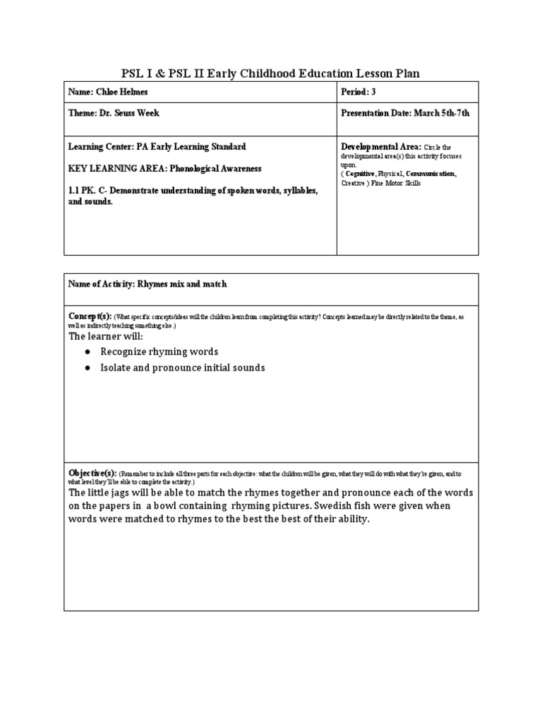 PSL I & PSL II Early Childhood Education Lesson Plan | PDF | Lesson ...