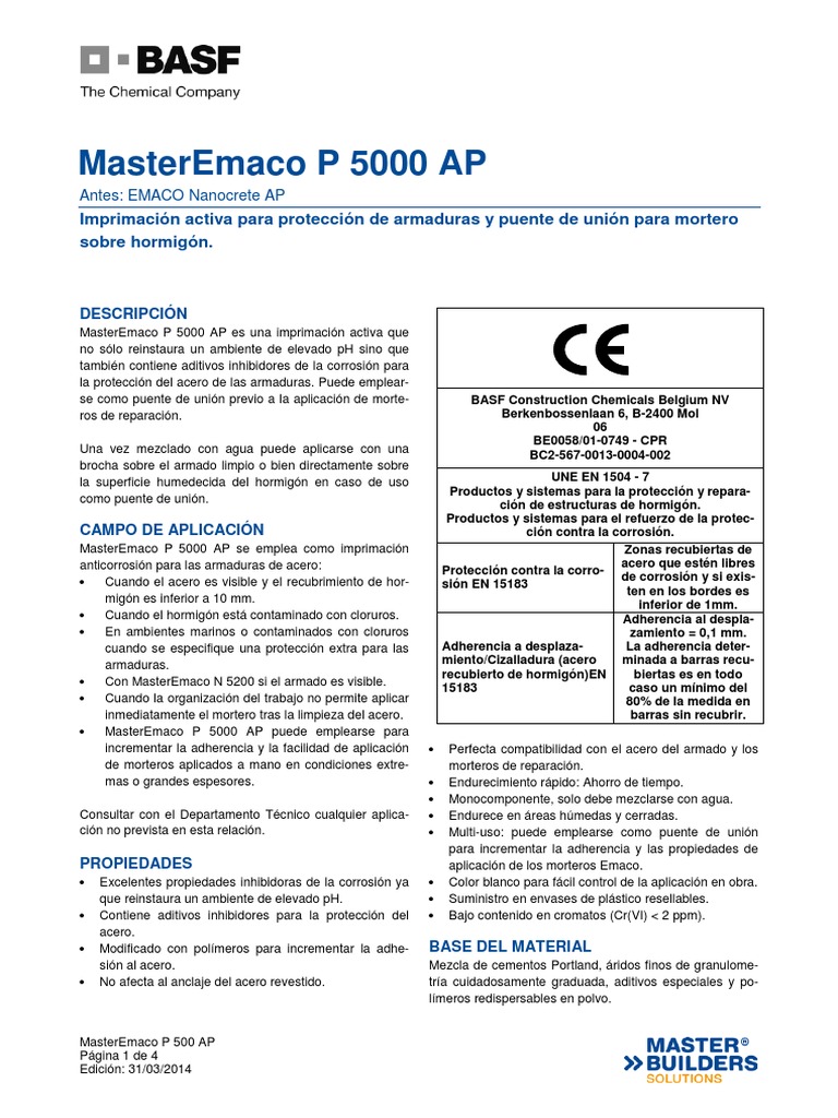 MasterEmaco P 5000 AP | PDF | Hormigón | Materiales de construcción