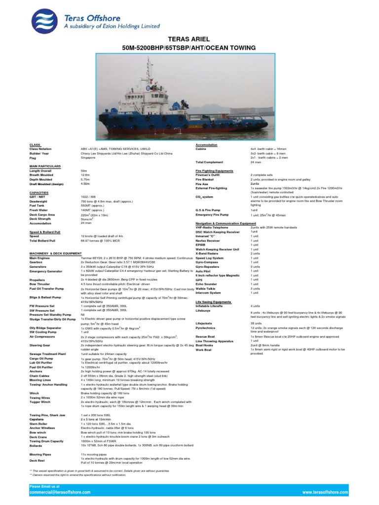 Teras Ariel 50M-5200BHP/65TSBP/AHT/OCEAN TOWING: Please Email Us at ...