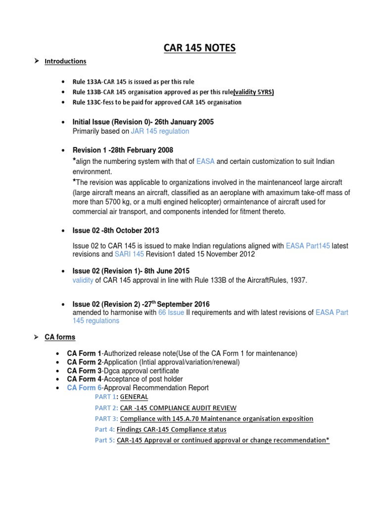 Car 145 Notes-1 DgCa | PDF | Audit | Aircraft
