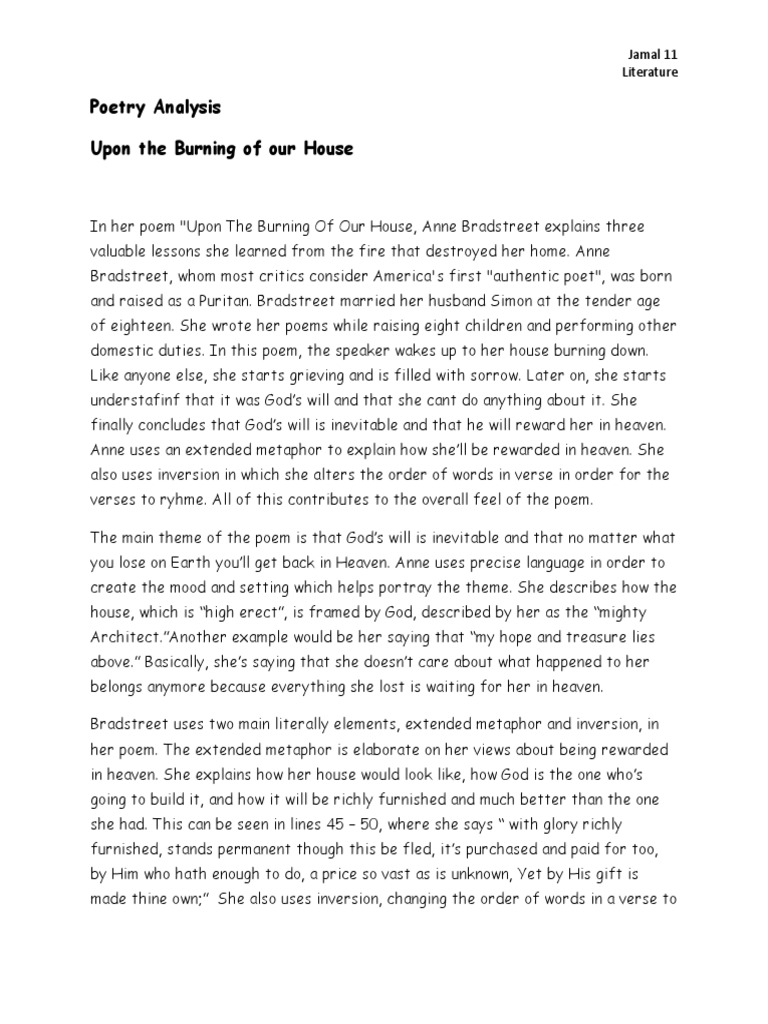 Poetry Analysis Upon The Burning of Our House: Jamal 11 Literature ...