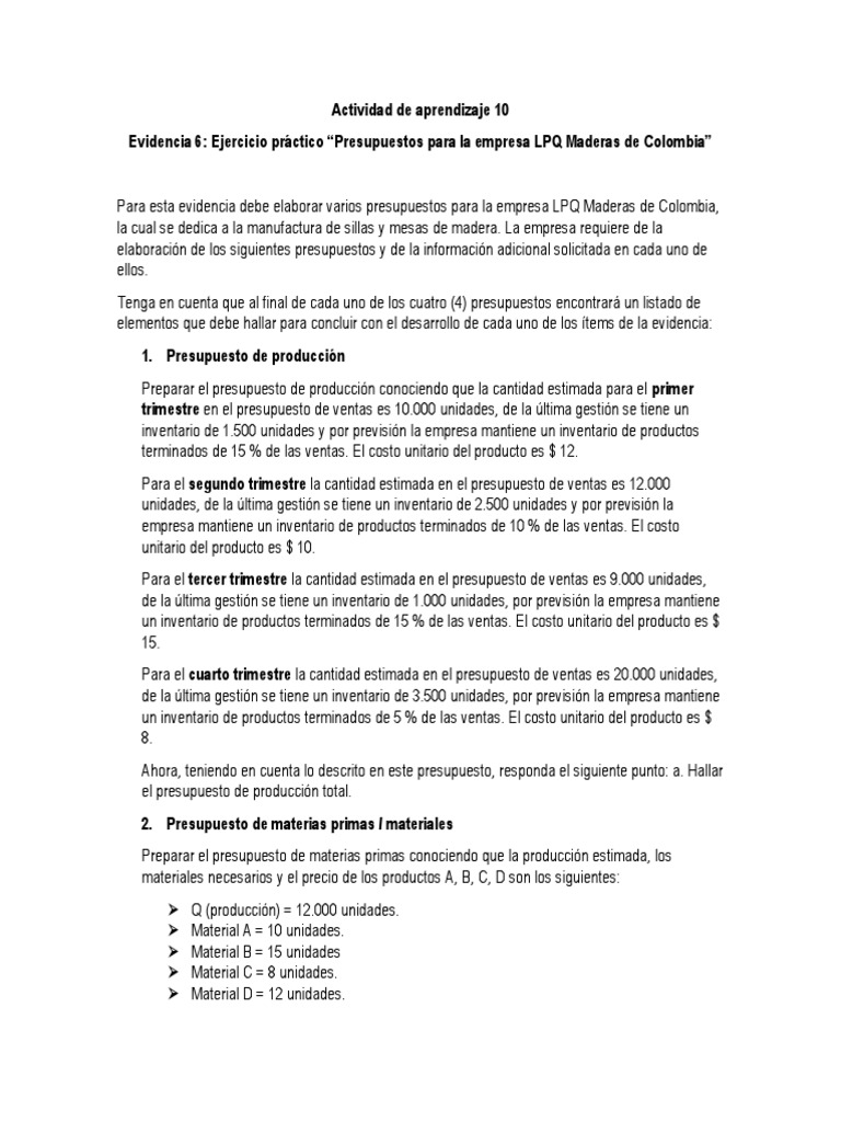 Actividad de Aprendizaje 10 Evidencia 6 Ejercicio Práctico Presupuestos para La Empresa LPQ ...