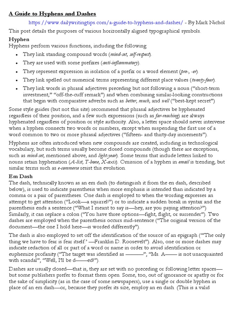 A Guide To Hyphens and Dashes | PDF | Language Mechanics | Linguistics