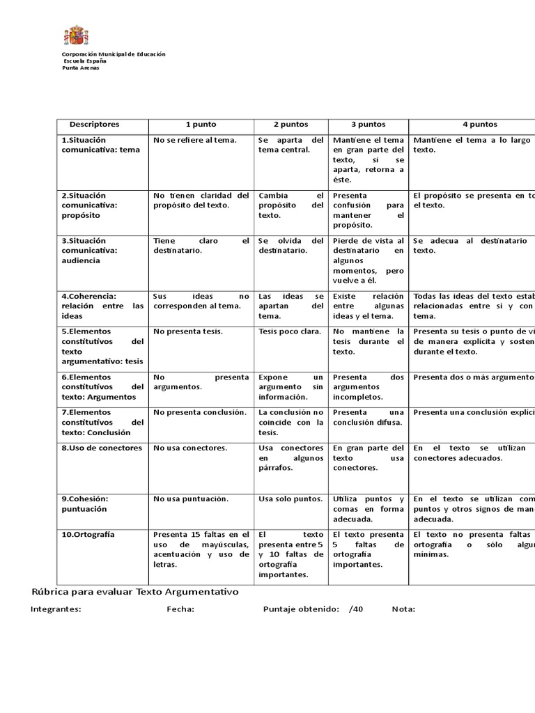 Rúbrica para Evaluar Texto Argumentativo | PDF
