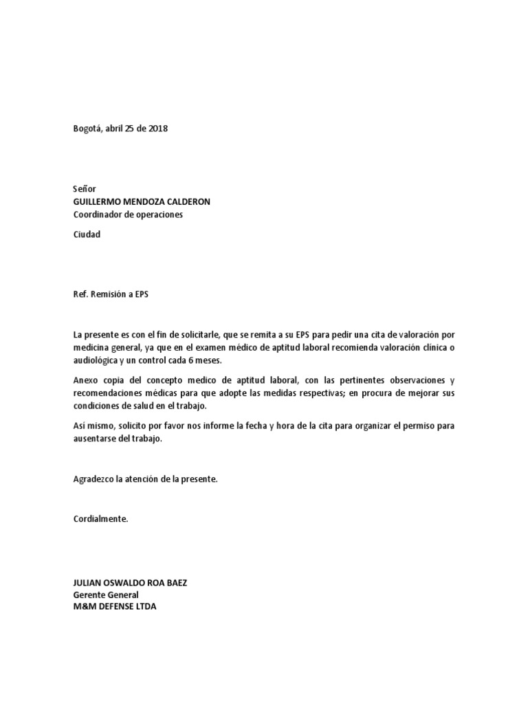 Cartas de Remision A La EPS | PDF | Ciencias de la Salud | Cuidado de ...