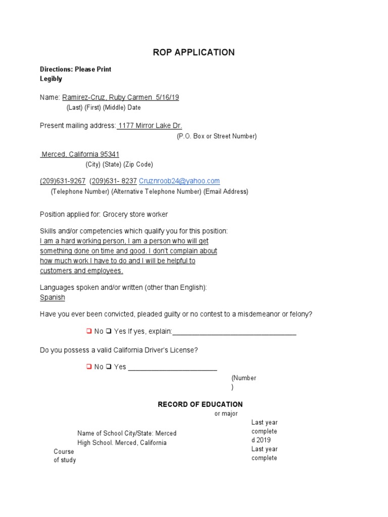Rop Application: Directions: Please Print Legibly | PDF | Labour | Business