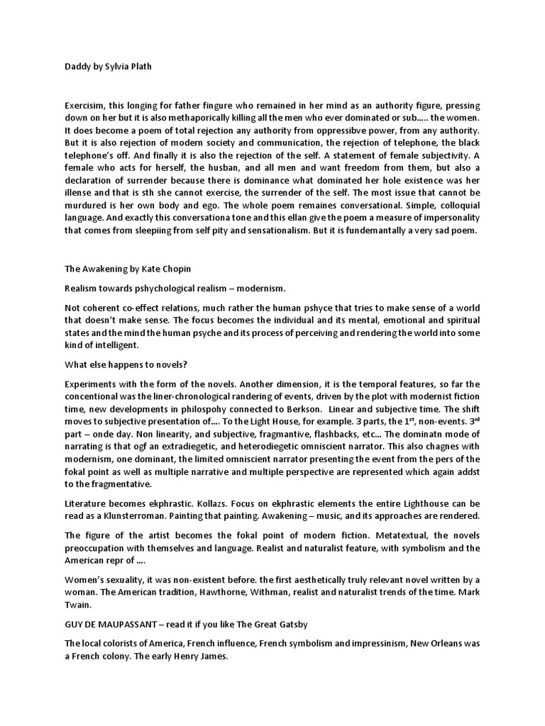 Daddy by Sylvia Plath and The Awakening | PDF | The Awakening (Chopin ...