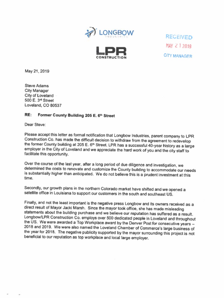 Letter From LPR To City of Loveland | PDF