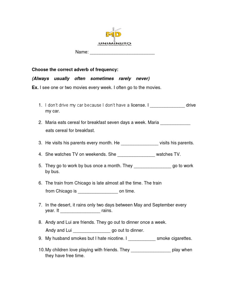 Choose The Correct Adverb of Frequency:: (Always Usually Often ...