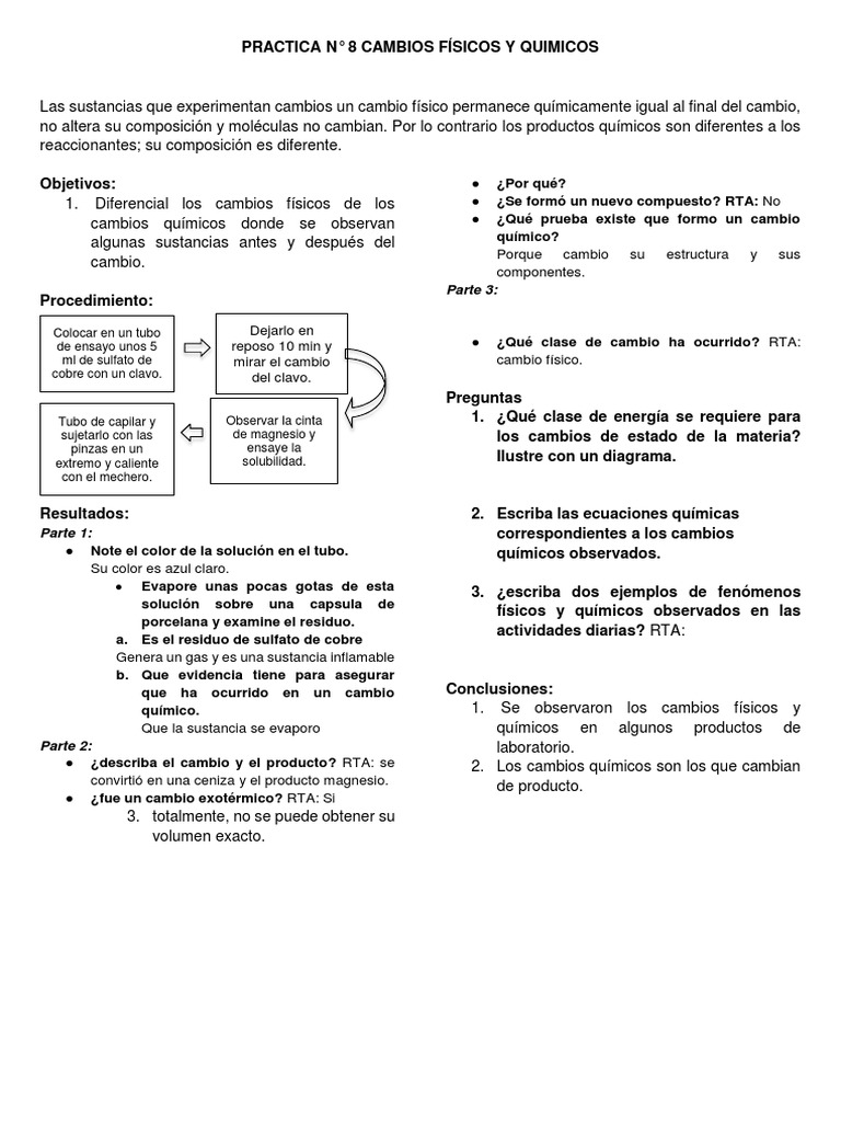PRACTICA N° 8 CAMBIOS FÍSICOS Y QUIMICOS | Reacciones químicas | Química