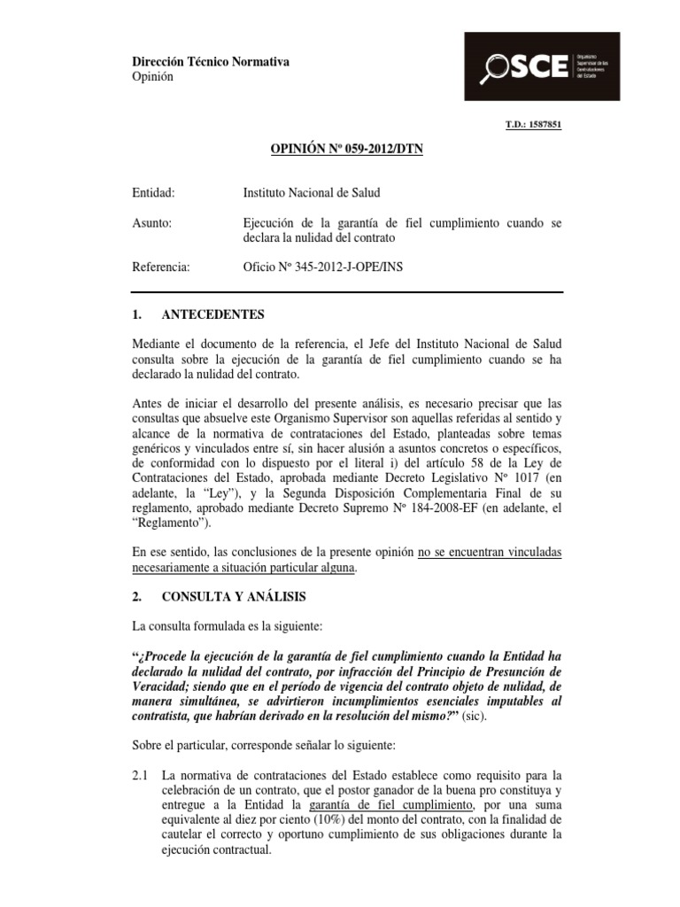 Opinión OSCE 059-12-2012 - Ejecución de Garantías de Fiel Cumplimiento | Regulación ...