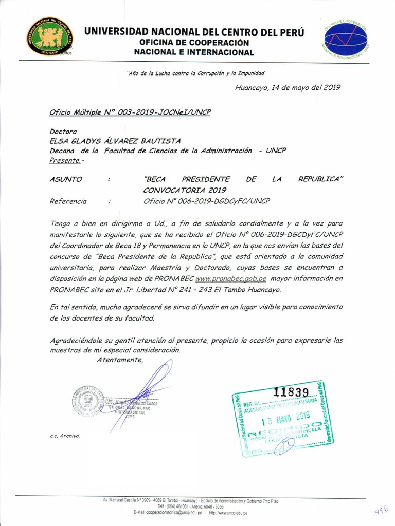 Oficio Múltiple #003-2019-JOCNEI/UNCP | PDF