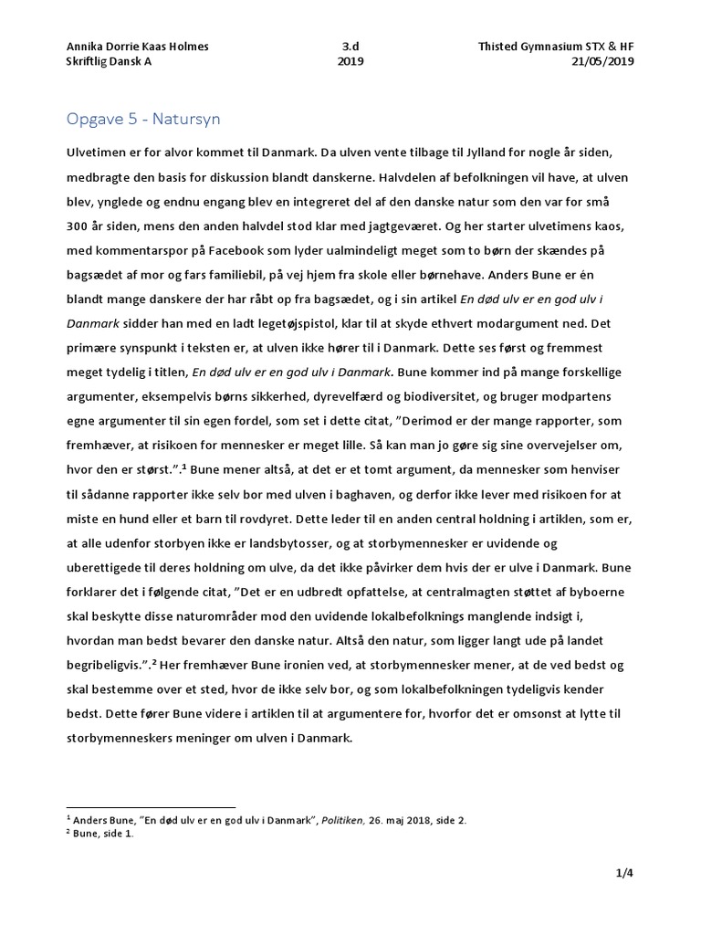 Skriftlig Eksamen Dansk A 2019 - Opgave 5, Natursyn | PDF