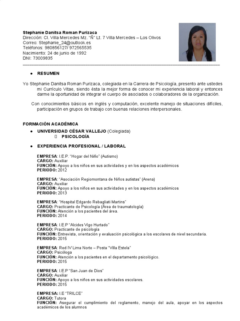 Currículum de Psicóloga Colegiada | PDF | Espectro autista | Universidad