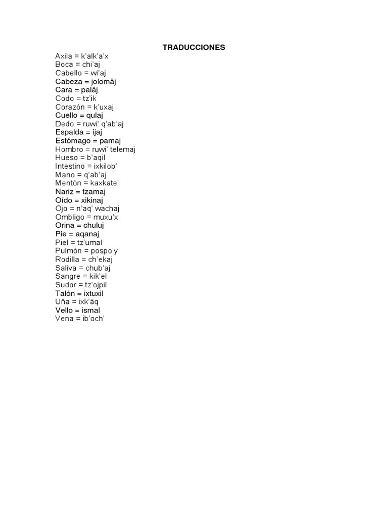 Traducciones de Frustas y Partes Del Cuerpo en Poqomam | PDF