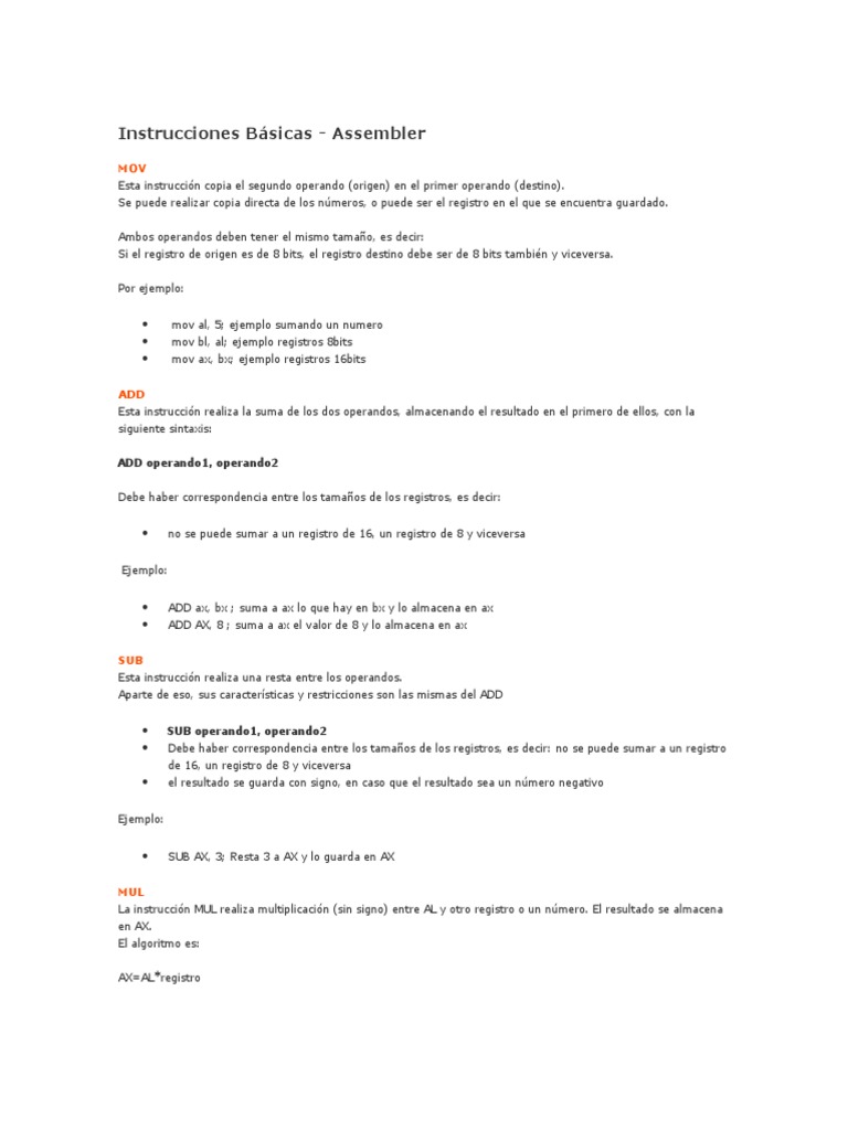 Instrucciones Básicas Assembler | PDF | Lenguaje ensamblador | Programa de computadora