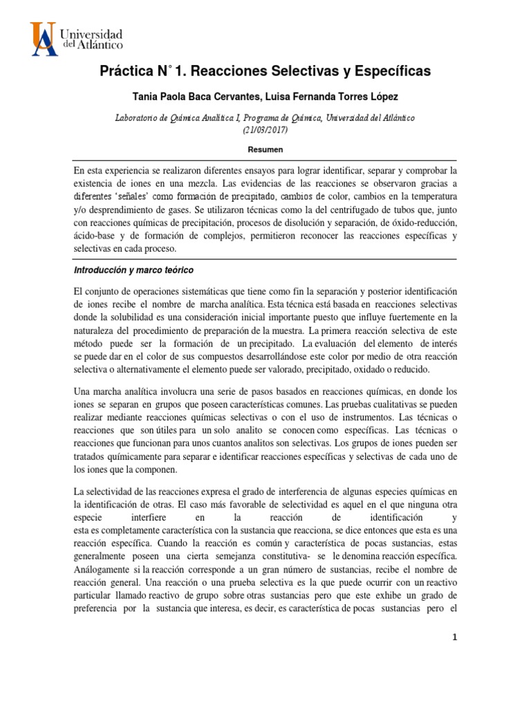Informe Práctica #1 Qa I | Descargar gratis PDF | Complejo de Coordinación | Reacciones químicas