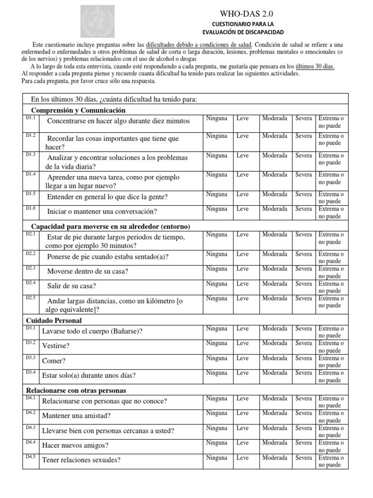 Cuestionario WHODAS-2 | PDF | Cuestionario | Sicología