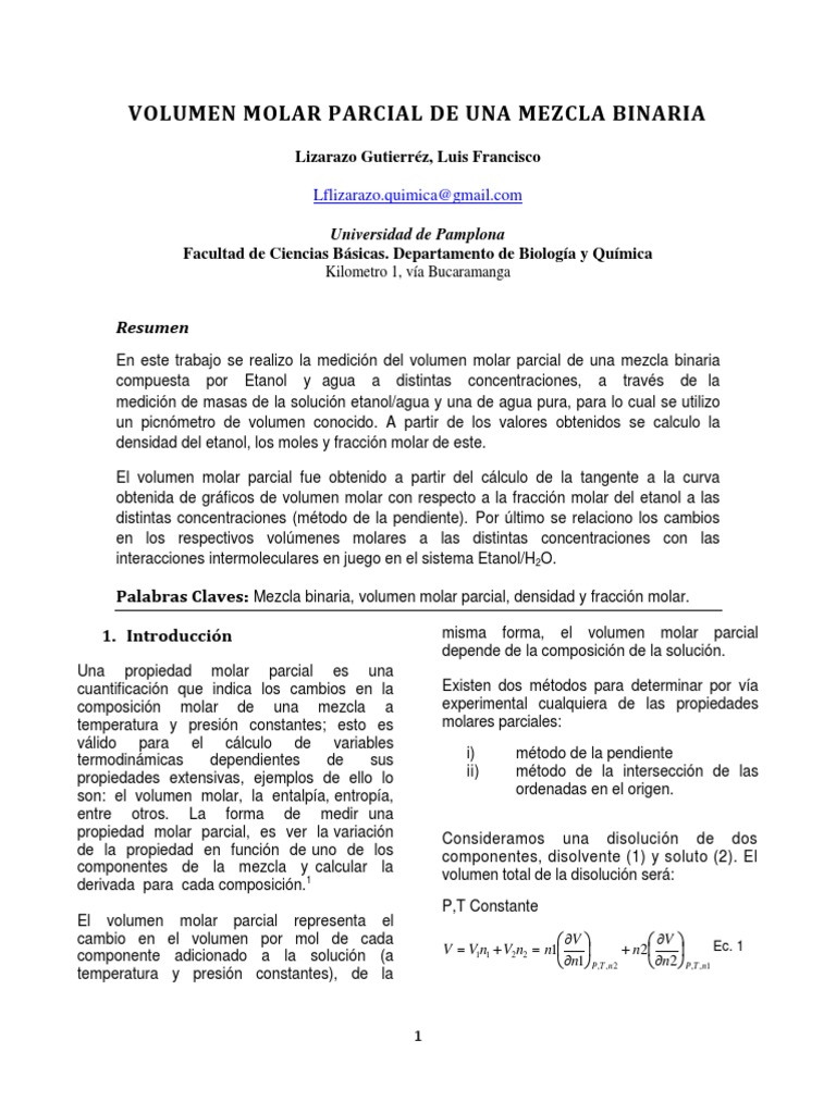Propiedad Molar Parcial 1 | PDF | Concentración | Densidad