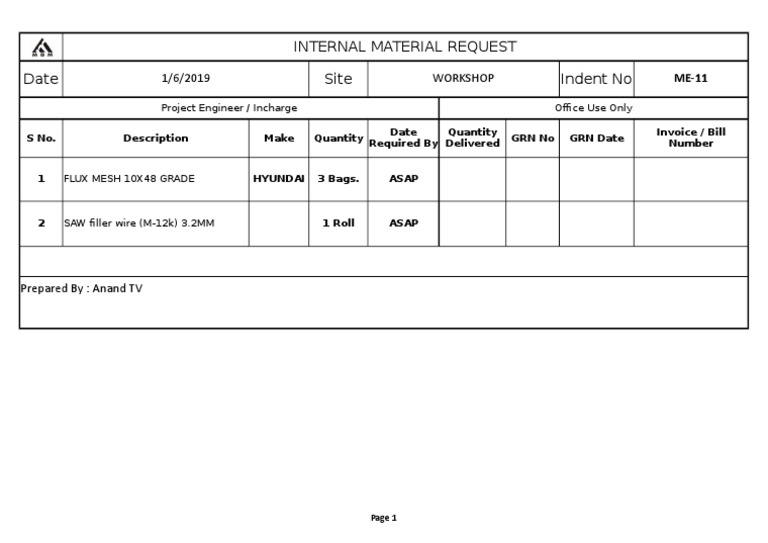 Internal Material Request Date Site Indent No: 1/6/2019 Workshop | Download Free PDF | Nature