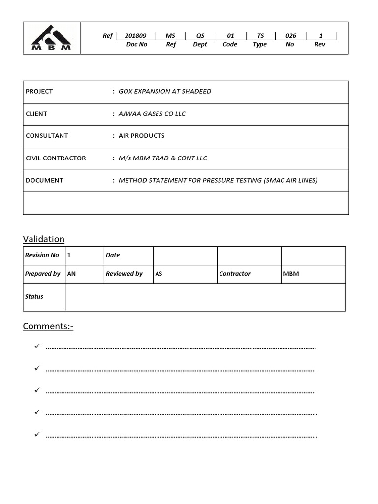 Method Statement Pressure Test | PDF | Pipe (Fluid Conveyance) | Valve