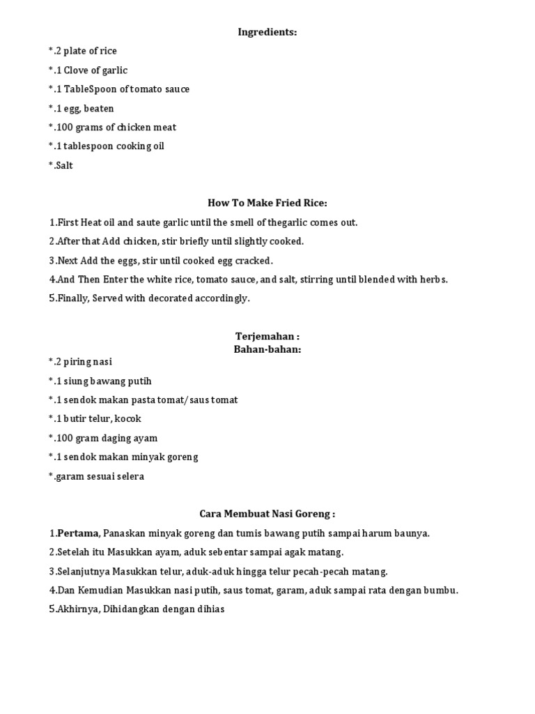 Cara Memasak Nasi Dalam Bahasa Inggris | PDF | Garlic | Cuisine