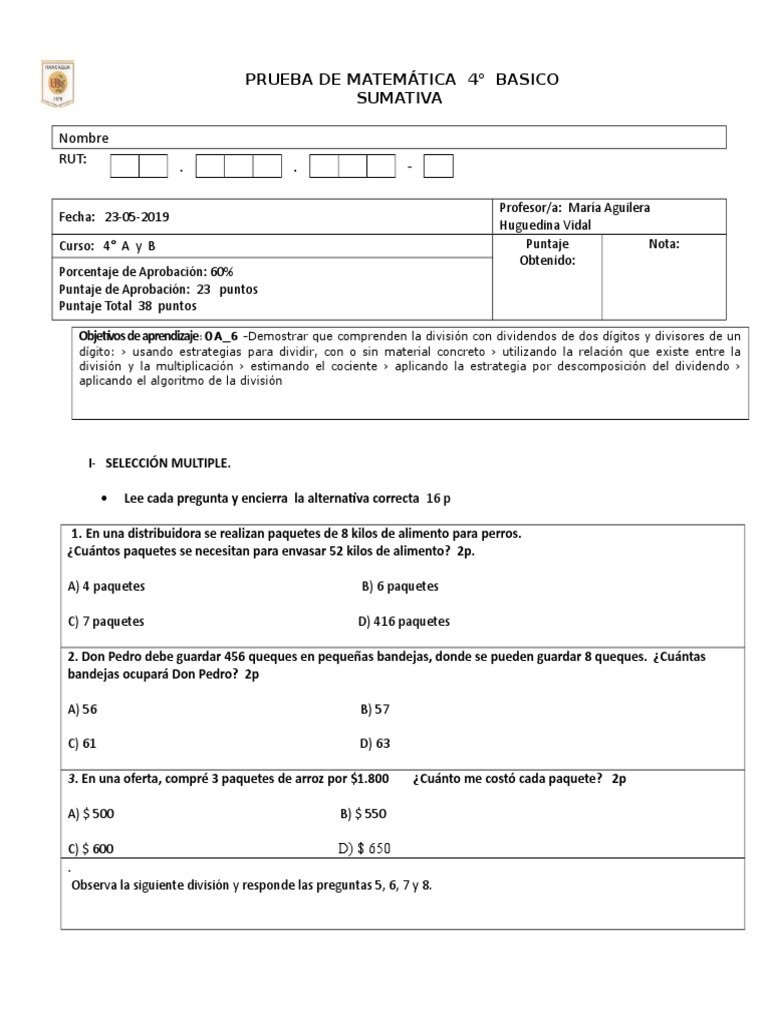 Prueba de Divisiones 4° Basico Mayo 2019 | División (Matemáticas ...