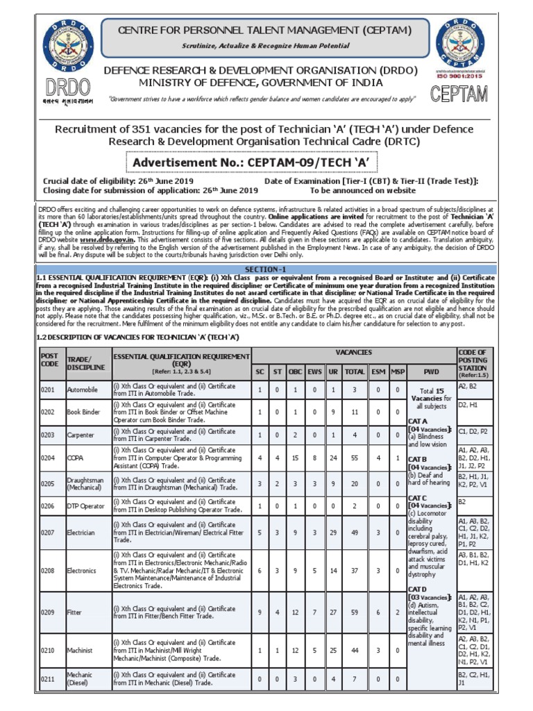 Notification DRDO CEPTAM Technician A Posts | PDF