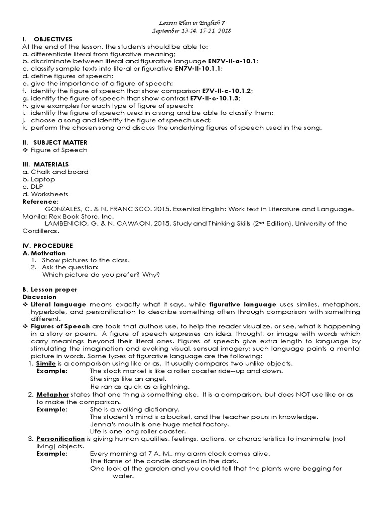Identifying Figures of Speech: A Lesson Plan for Teaching Literal and ...