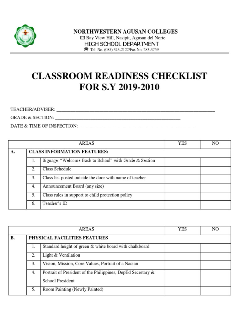 Classroom Readiness Checklist | PDF