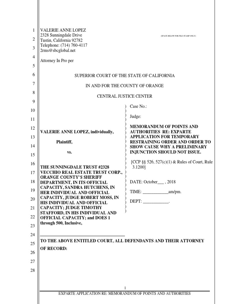 2 MPA - Exparte TRO - TrusteeVAL101718Final | PDF | Foreclosure | Injunction