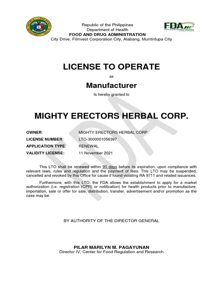 License To Operate FDA | PDF
