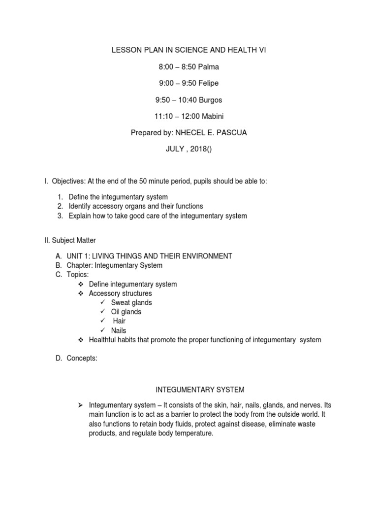 Integumentary System Lesson Plan VI | PDF | Integumentary System | Skin