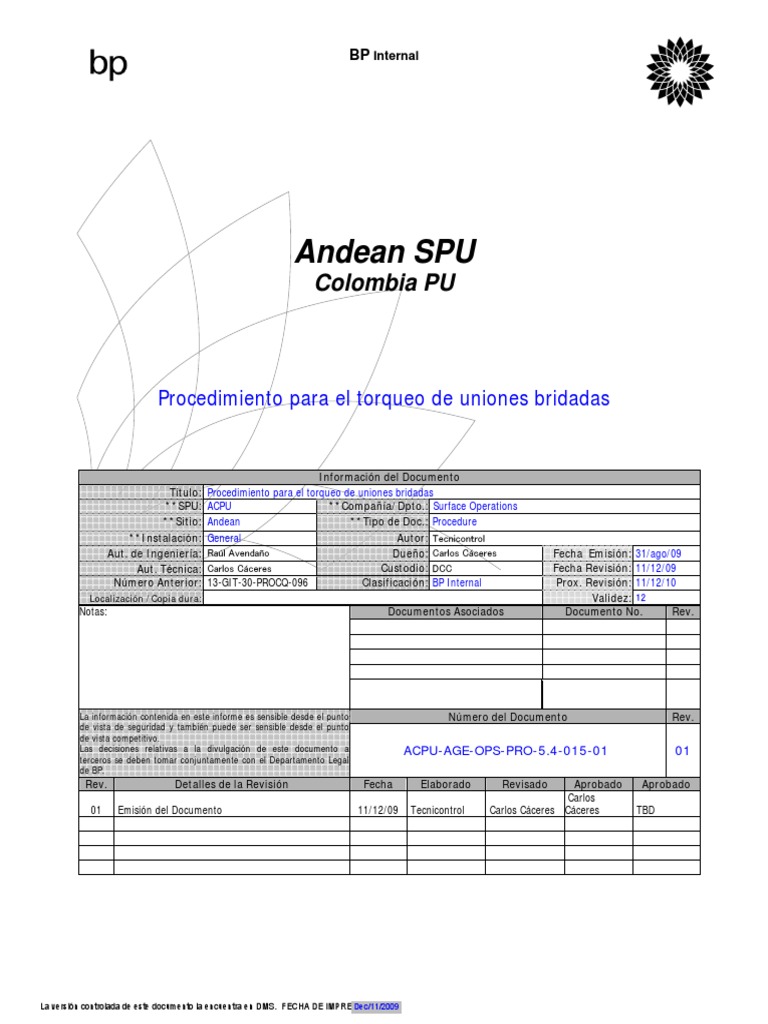 Procedimiento para El Torqueo de Uniones Bridadas (ACPU-AGE-OPS-PRO-5.4 ...