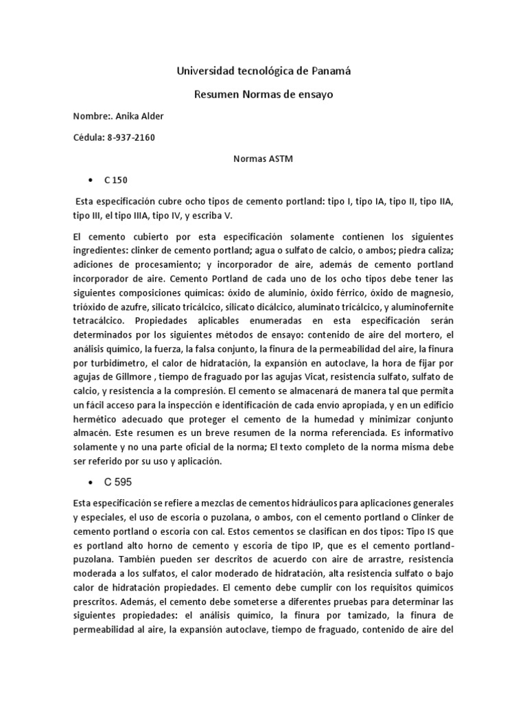Resumen Normas ACTM y ACI | PDF | Hormigón | Cemento