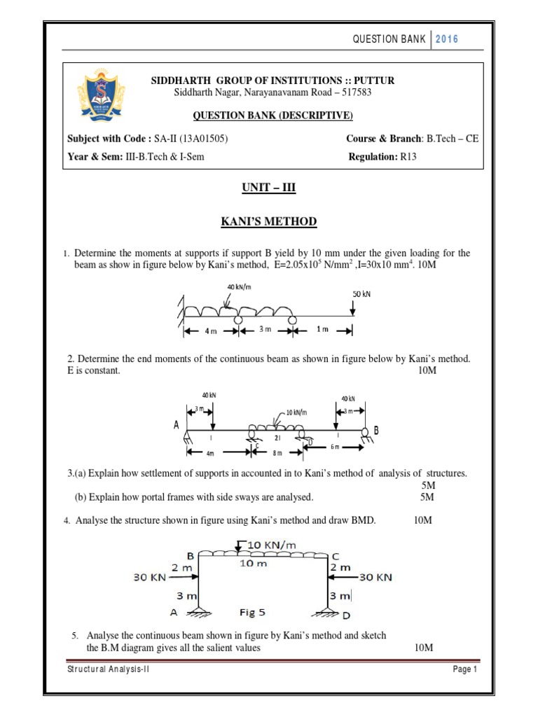 Analysis of Continuous Beams Using Kani's Method: A Question Bank Focusing on Determining ...