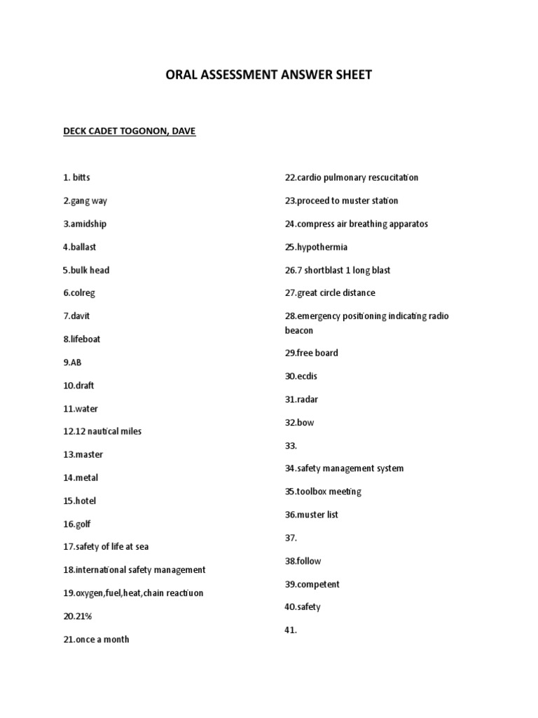 Oral Assessment Answer Sheet: Deck Cadet Togonon, Dave | PDF | Anchor ...