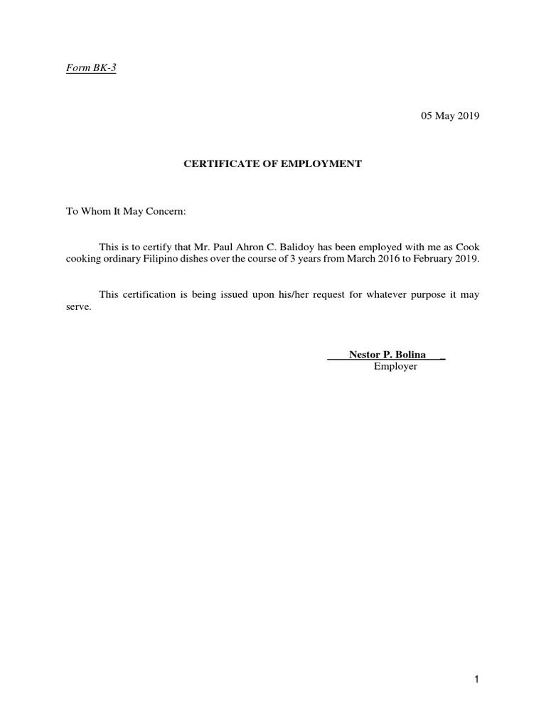 Sample Certificate of Employment | PDF