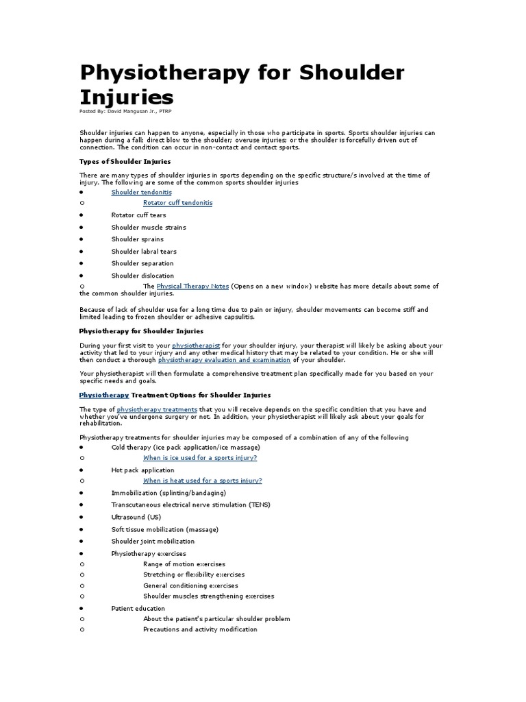 Physiotherapy For Shoulder Injuries | PDF | Physical Therapy | Shoulder
