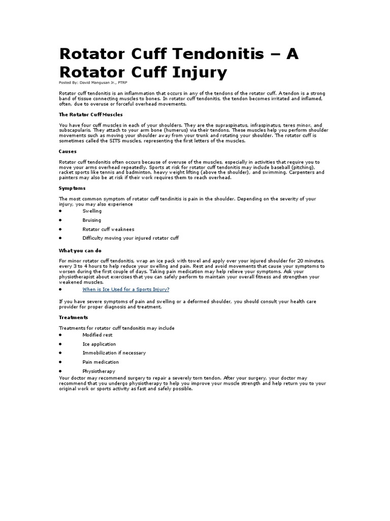 Rotator Cuff Tendonitis | PDF | Shoulder | Diseases And Disorders