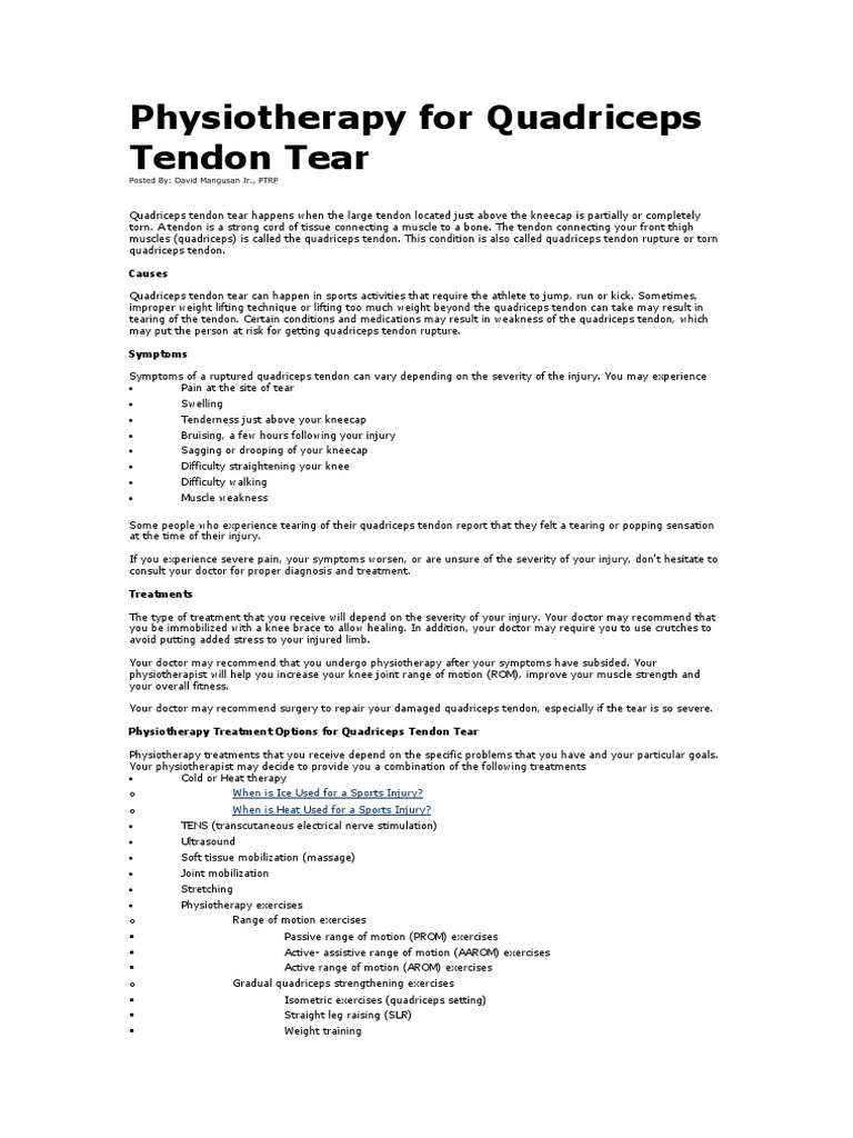 Physiotherapy For Quadriceps Tendon Tear | PDF | Tendon | Physical Therapy