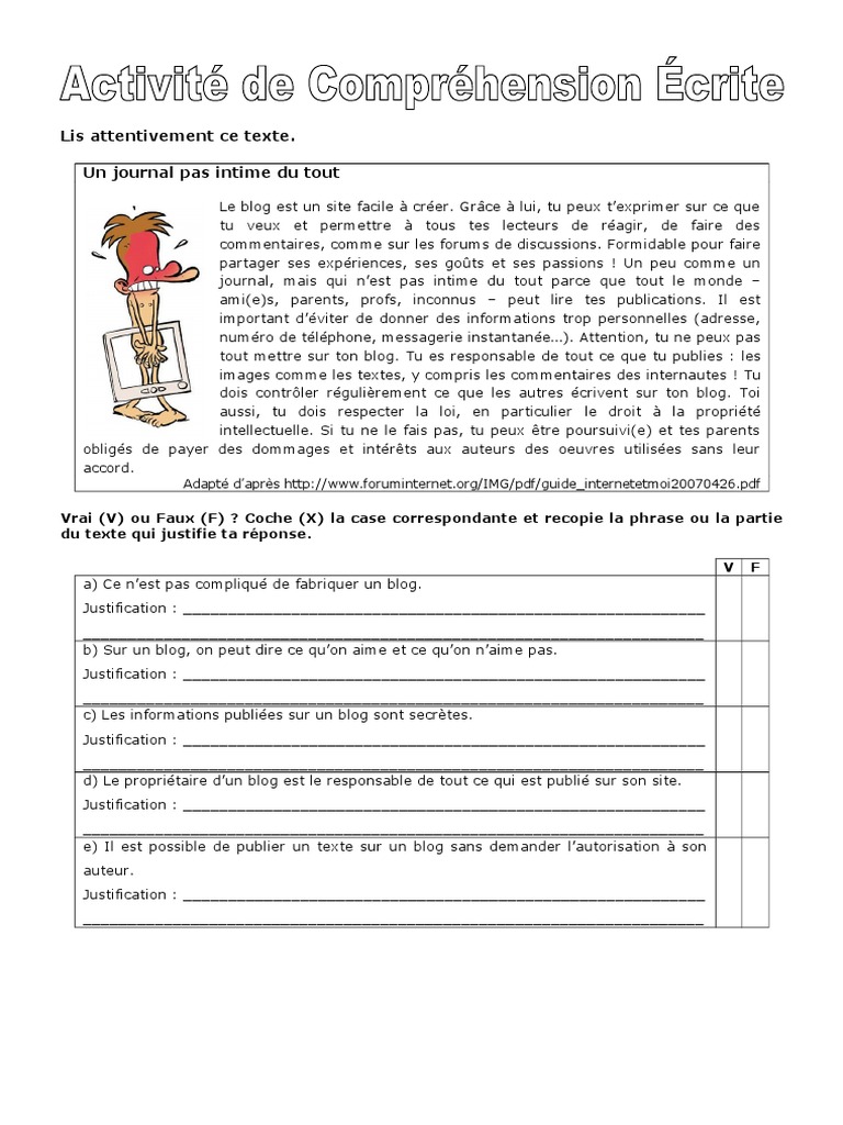 Activite de Comprehension Ecrite Comprehension Orale 34222 | PDF | Blog ...
