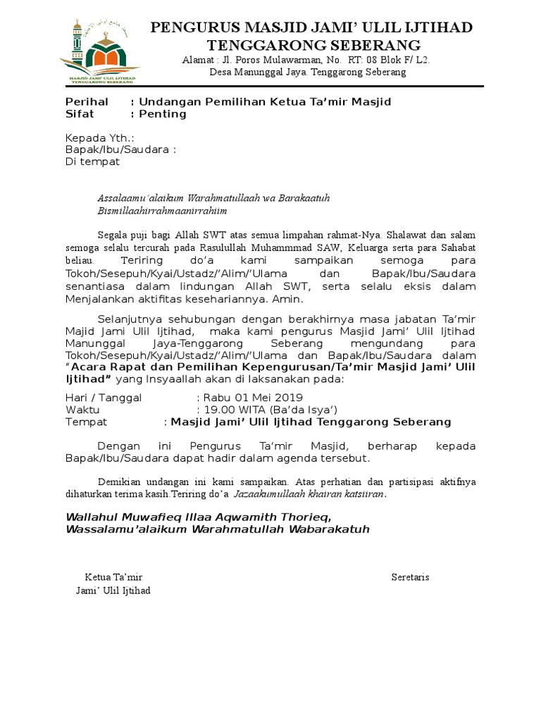 Undangan Pemilihan Ta'mir Masjid | PDF