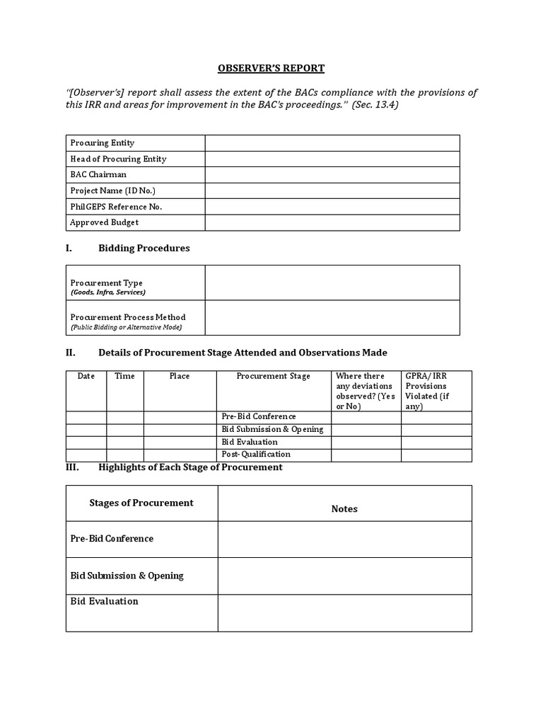 Observer's Report Template | PDF | Procurement | Government