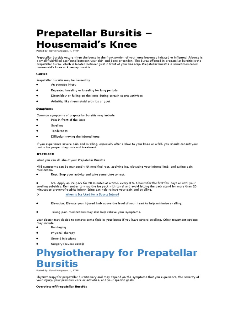 Prepatellar Bursitis - Housemaid's Knee | PDF | Knee | Musculoskeletal System