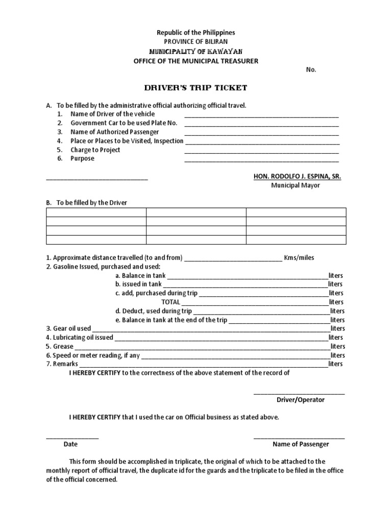 Office of The Municipal Treasurer Driver'S Trip Ticket | PDF | Wheeled ...