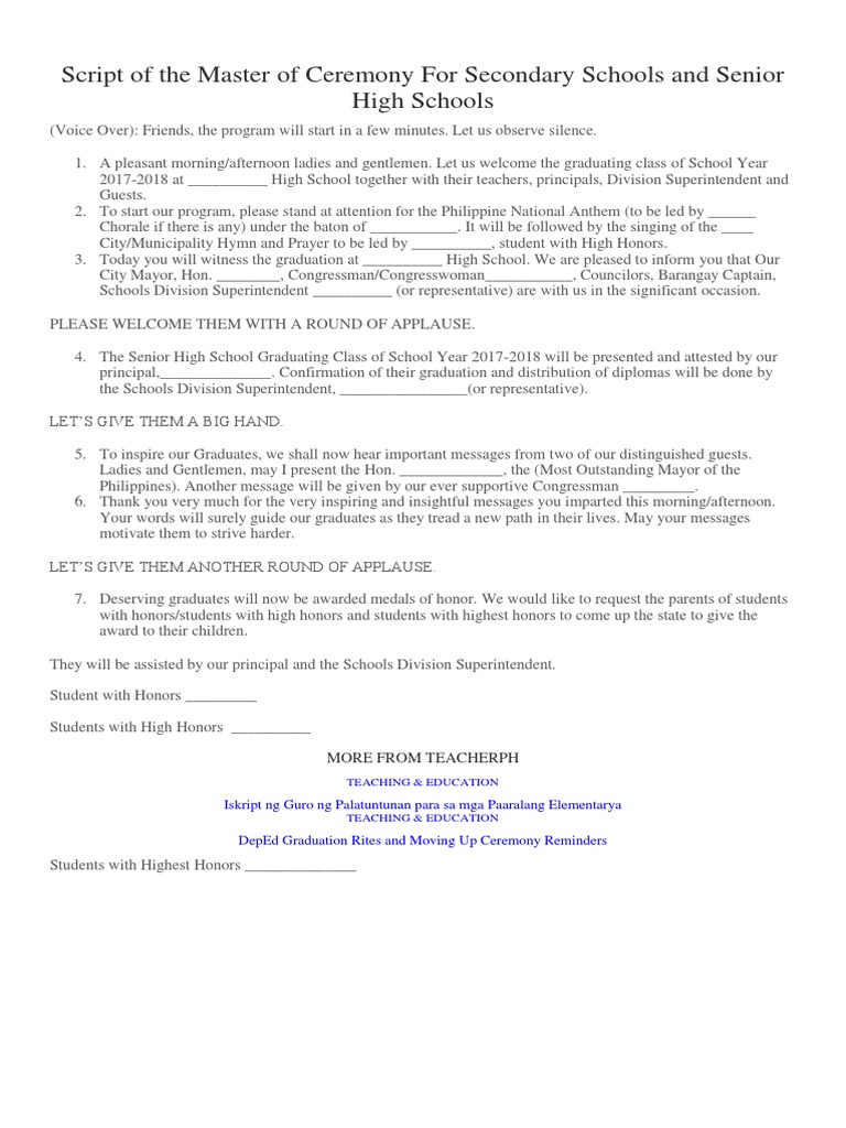 Script of The Master of Ceremony For Secondary Schools and Senior High Schools | PDF | Graduation