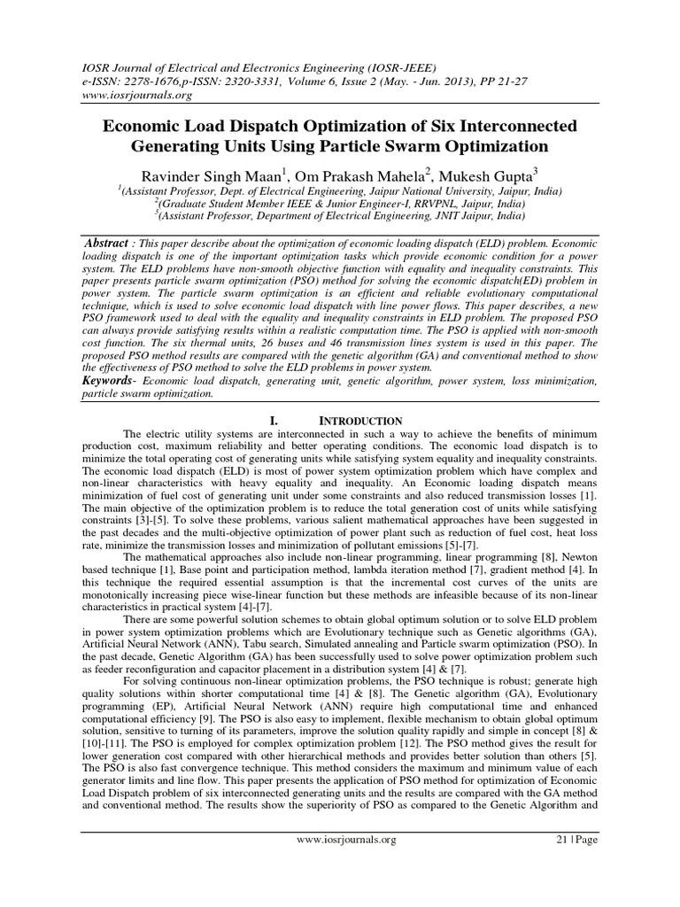 Economic Load Dispatch Optimization Of Six Interconnected Generating Units Using Particle Swarm