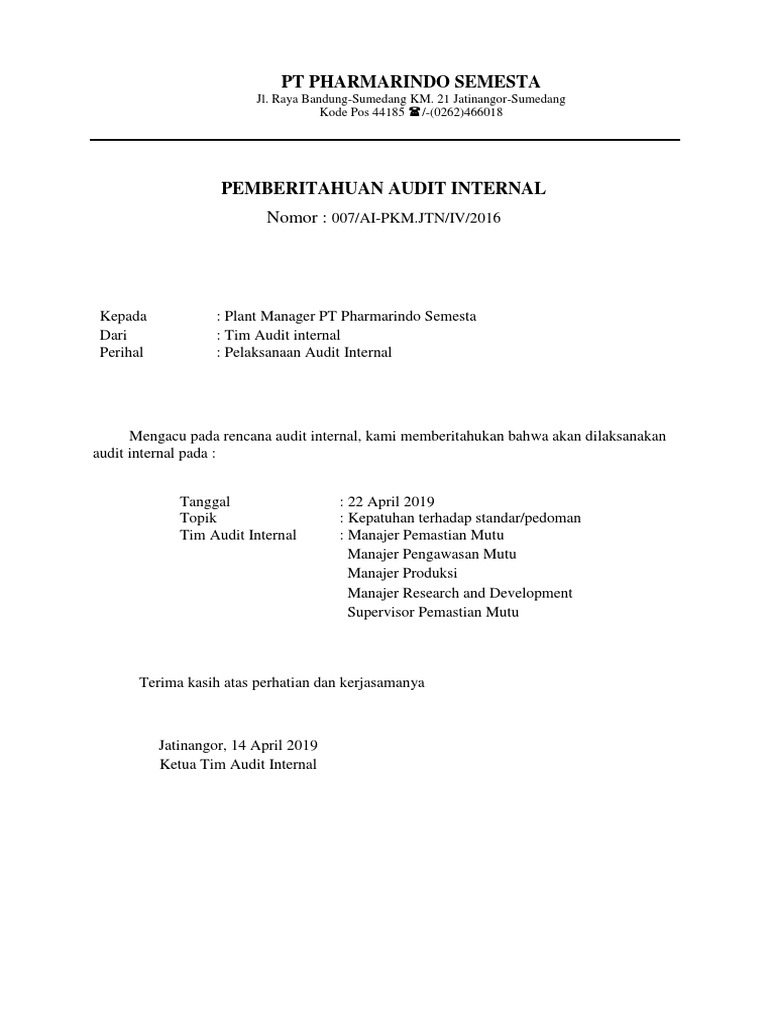 Contoh Surat Pemberitahuan Audit Internal | PDF | Bisnis